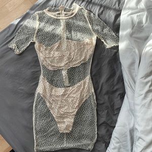 AKIRA | Dresses | Akira Tan Studded Mesh Dress | Poshmark